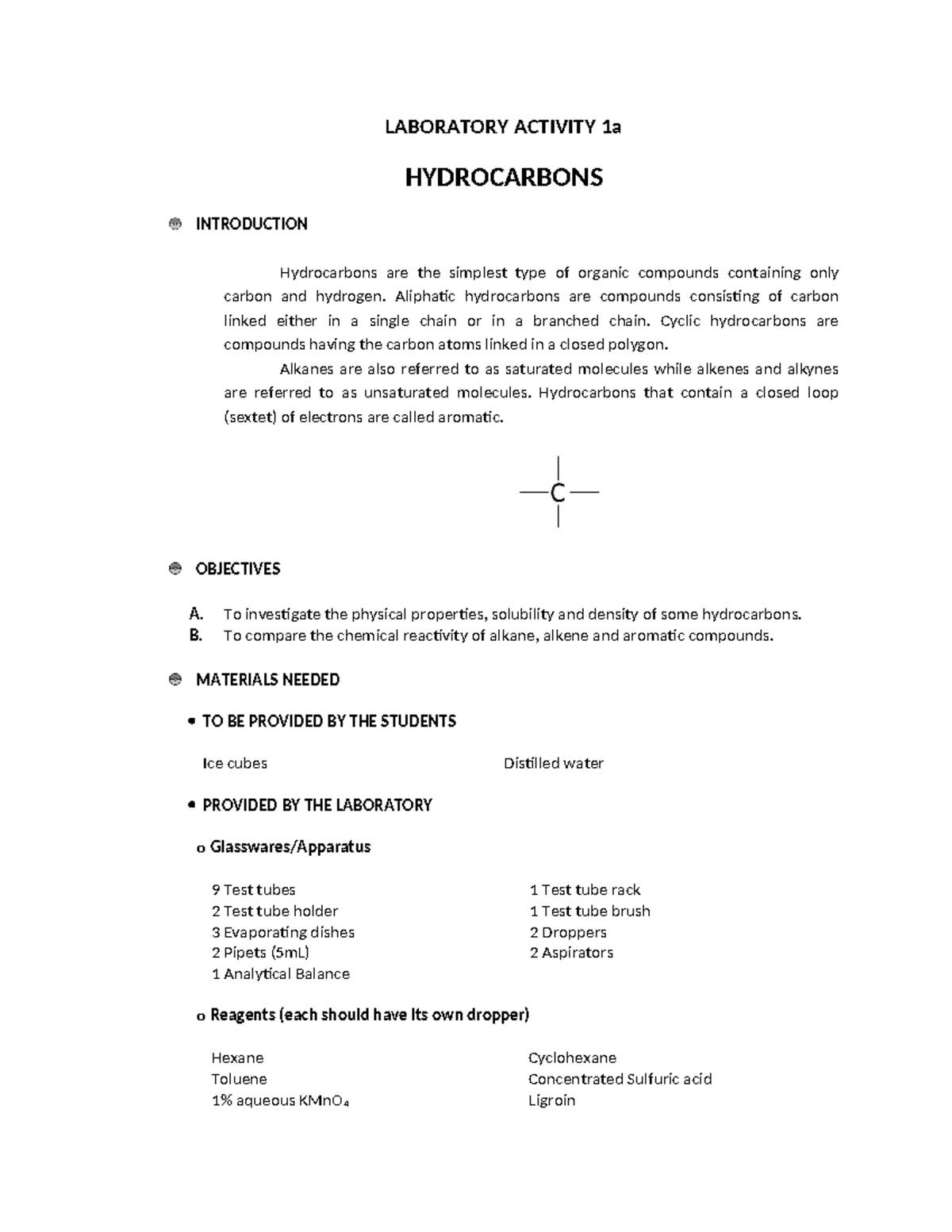 LAB ACTIVITY 1a: INTRODUCTION TO HYDROCARBONS - ORG CHEM 2 - Studocu