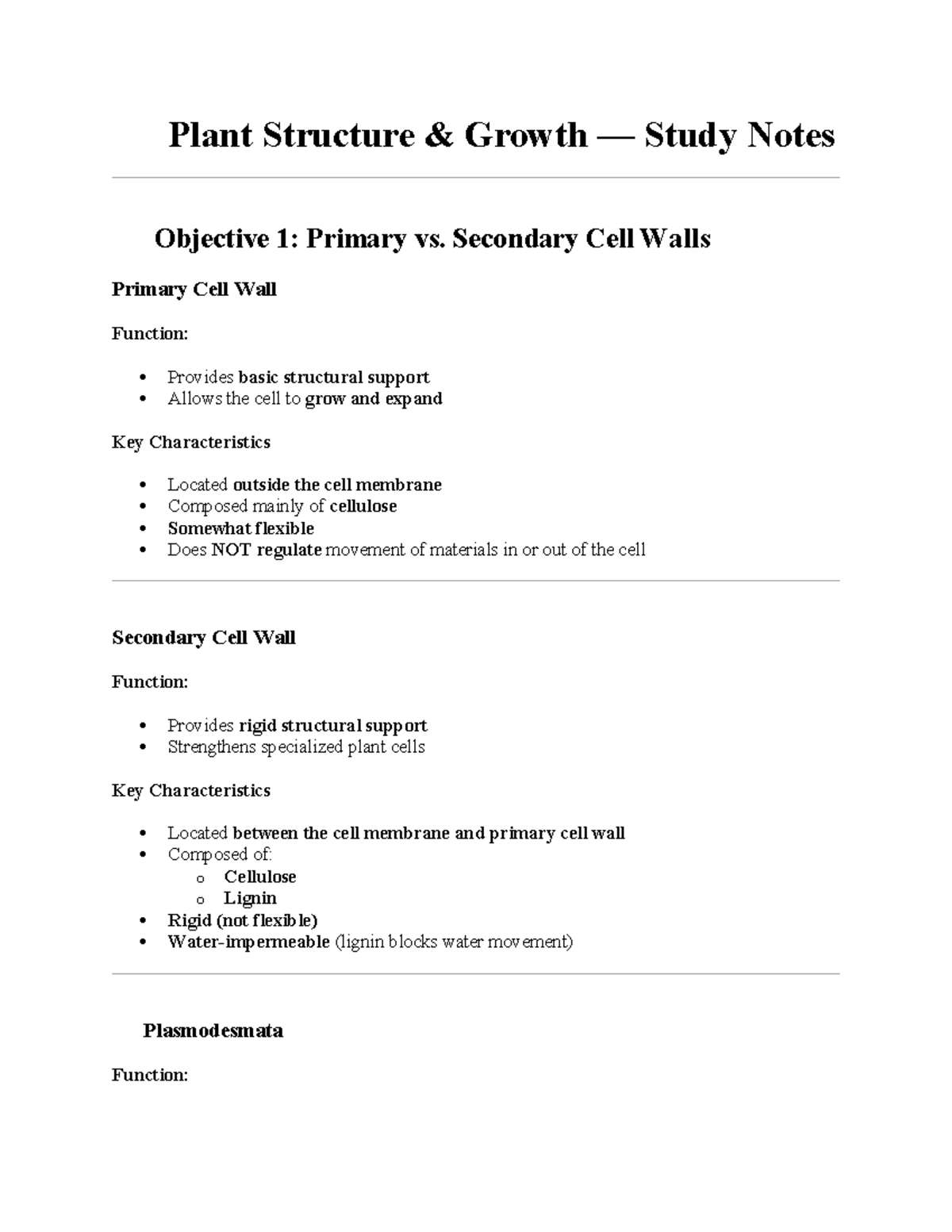 Plant Structure Growth Study Notes (BIO 101) - Studocu