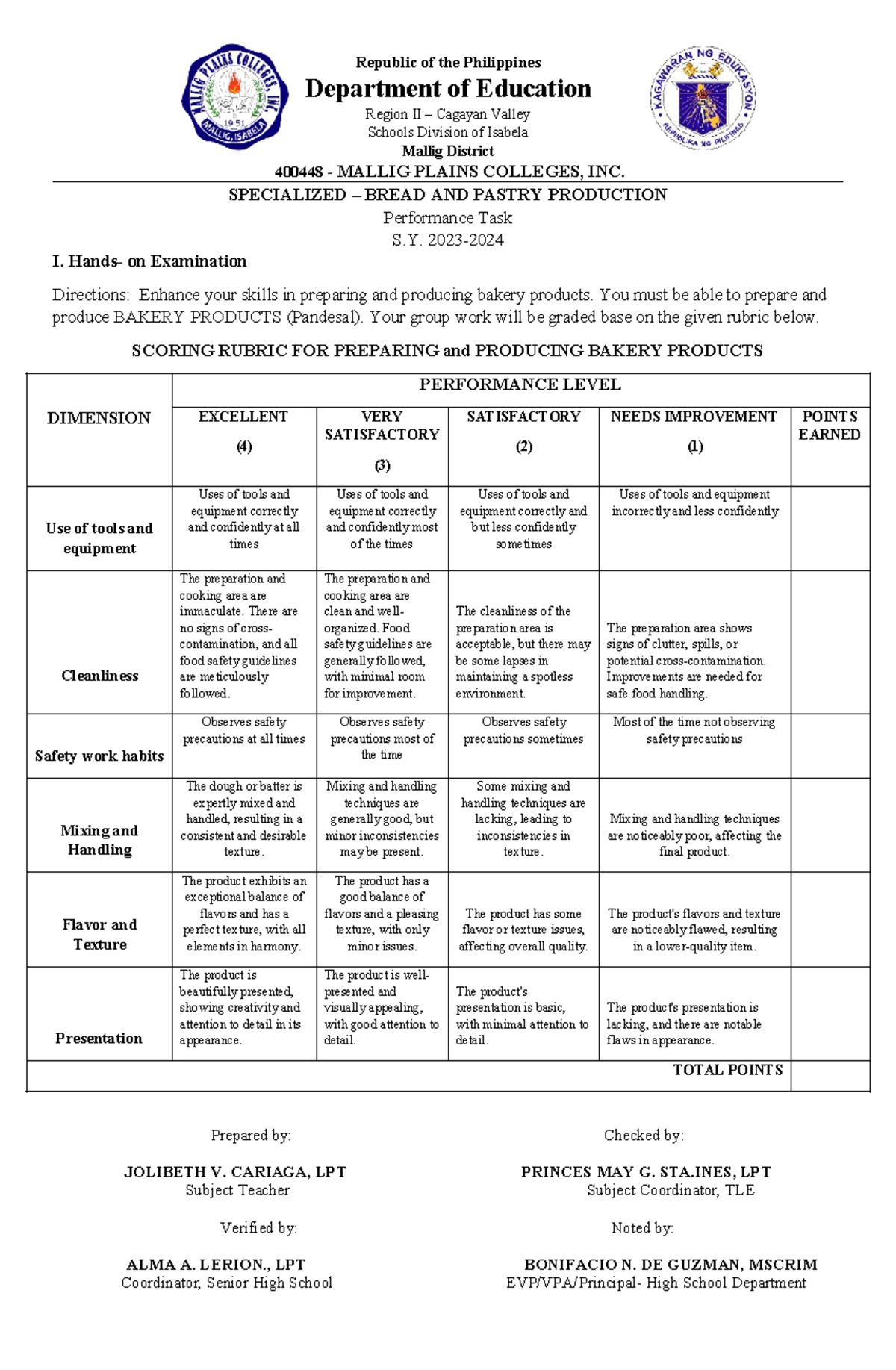 Grade 11 TVL – Bakery Products Performance Task Rubric (SY 2023-2024 ...