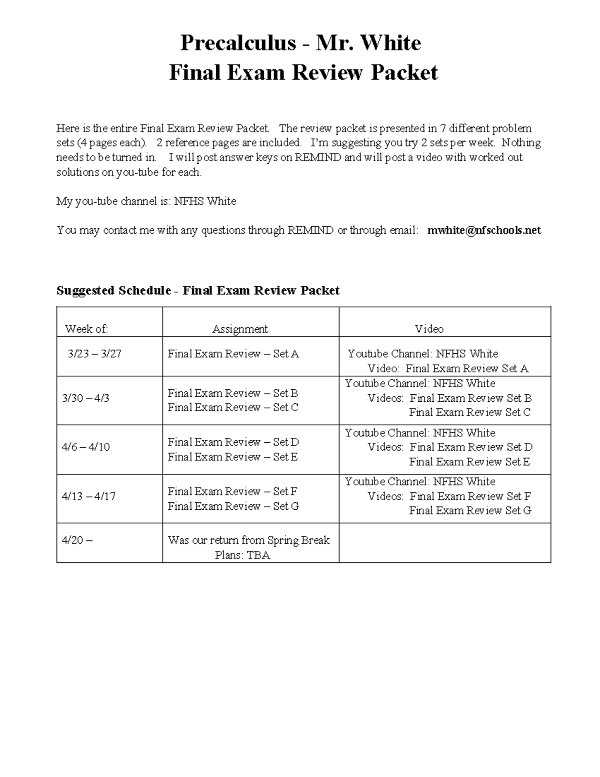 Precalc - Final Exam Review Packet - Precalculus - Mr. White Final Exam ...