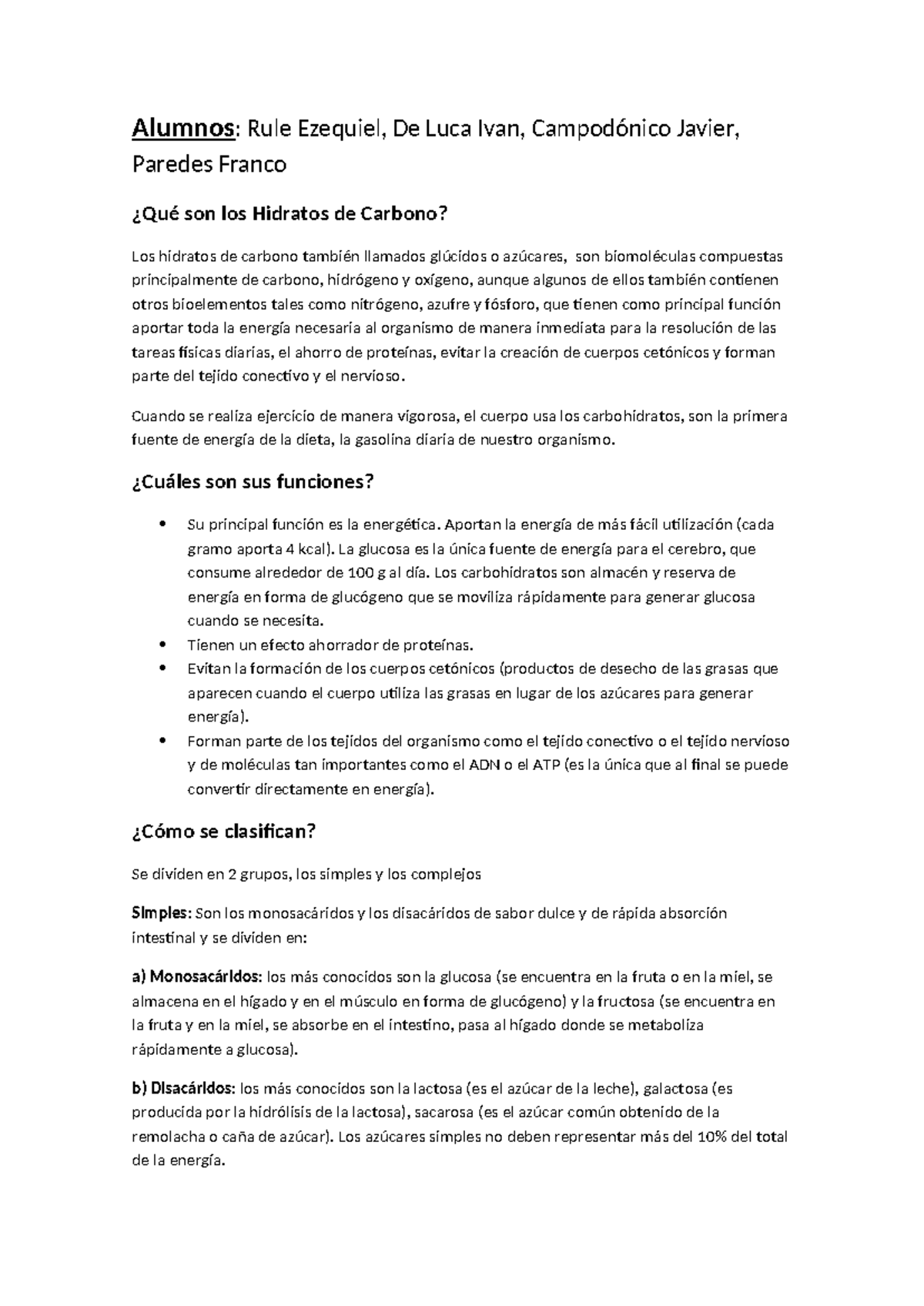 Hidratos de Carbono - ssdadsdadsadsada - Alumnos: Rule Ezequiel, De ...