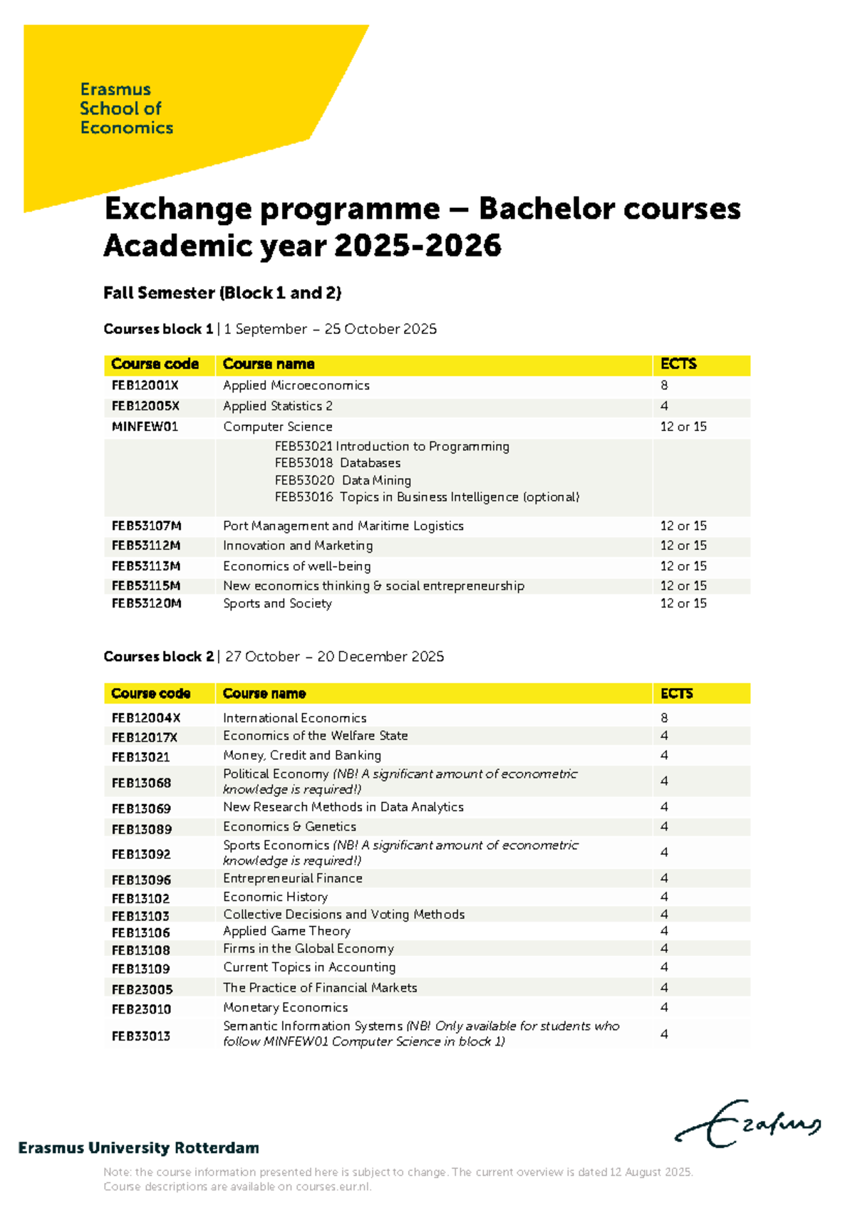 Exchange Programme Bachelor Courses Overview 2025-2026 - Studocu