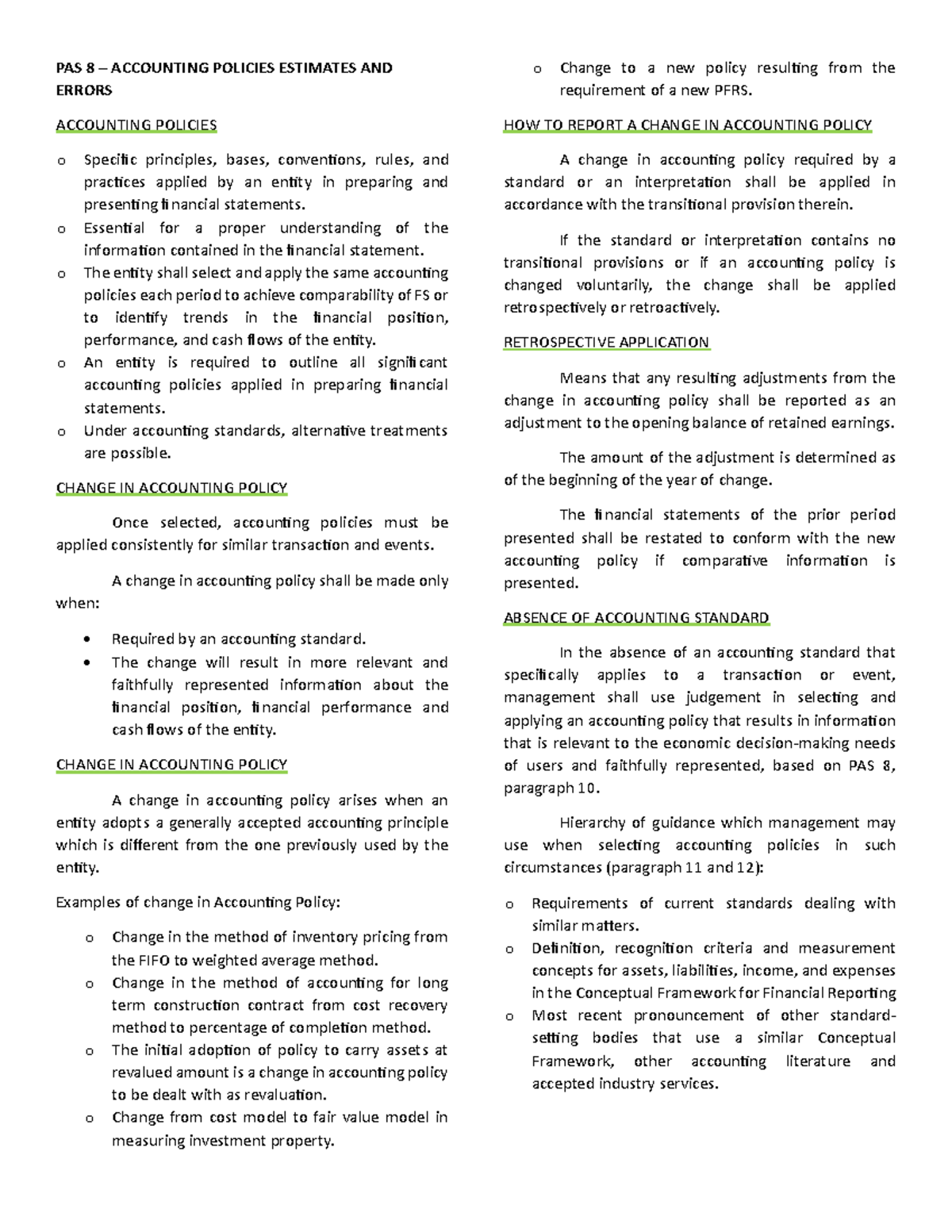 PAS-8 - PAS 8 – ACCOUNTING POLICIES ESTIMATES AND ERRORS ACCOUNTING ...