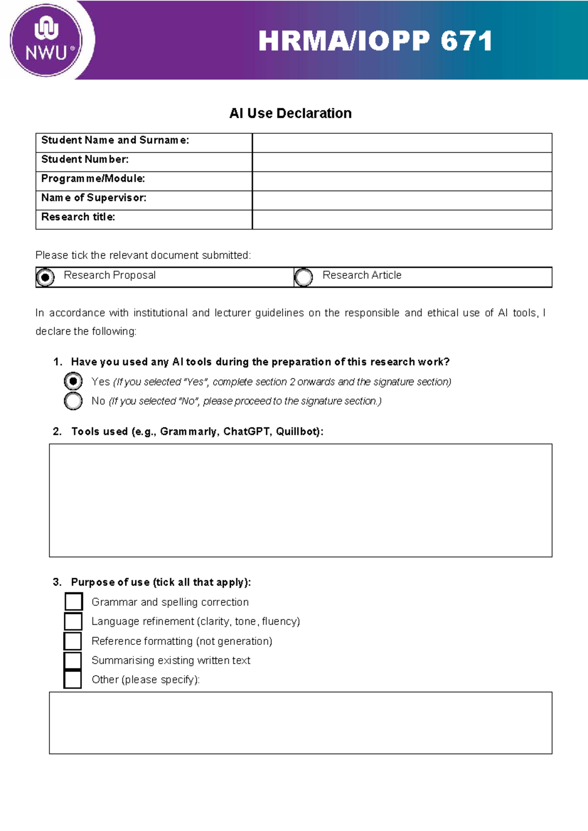 671 AI Declaration Form - Legitimate Use of AI Tools - Studocu