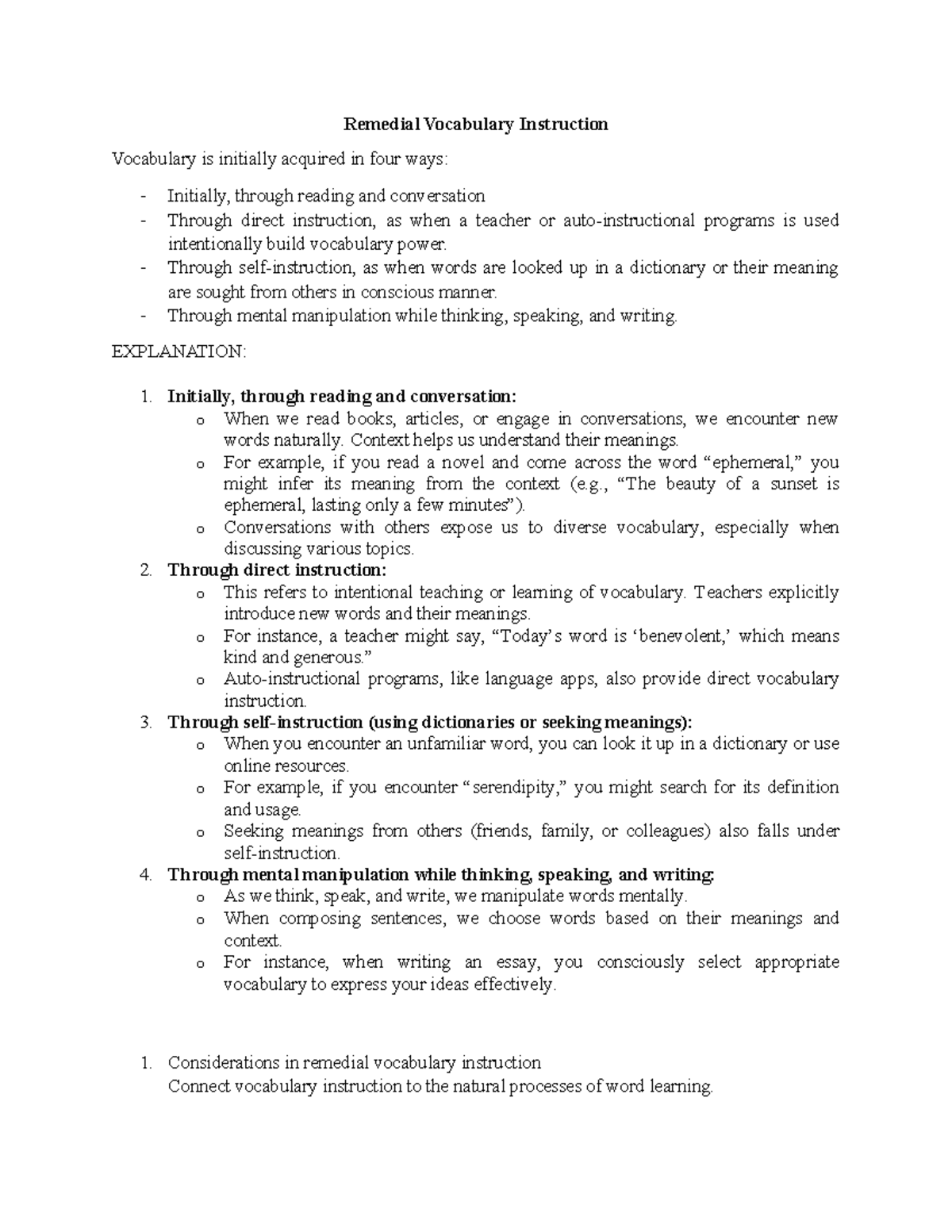 Remedial Vocabulary Instruction Strategies (LCS) - Studocu