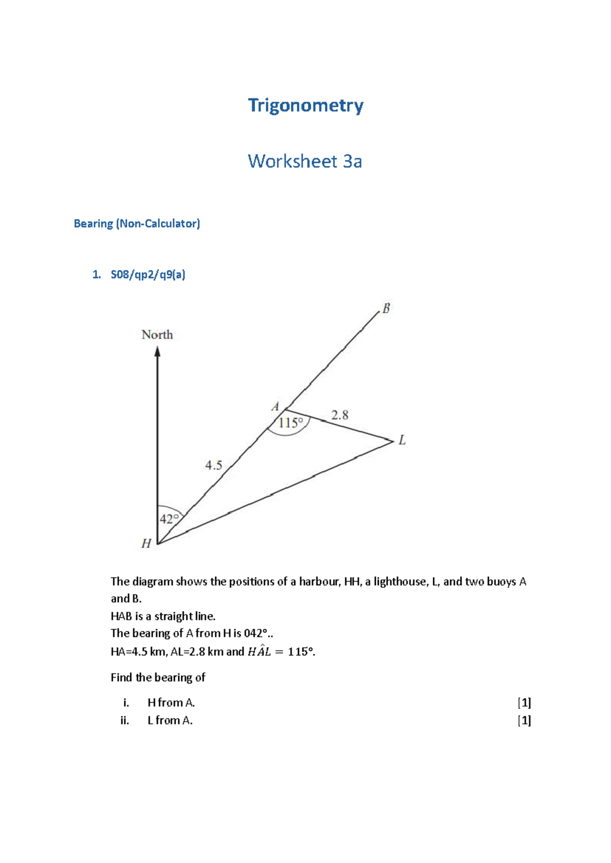 Trigonometry Worksheet 3a: Bearings and Navigation Problems - Studocu