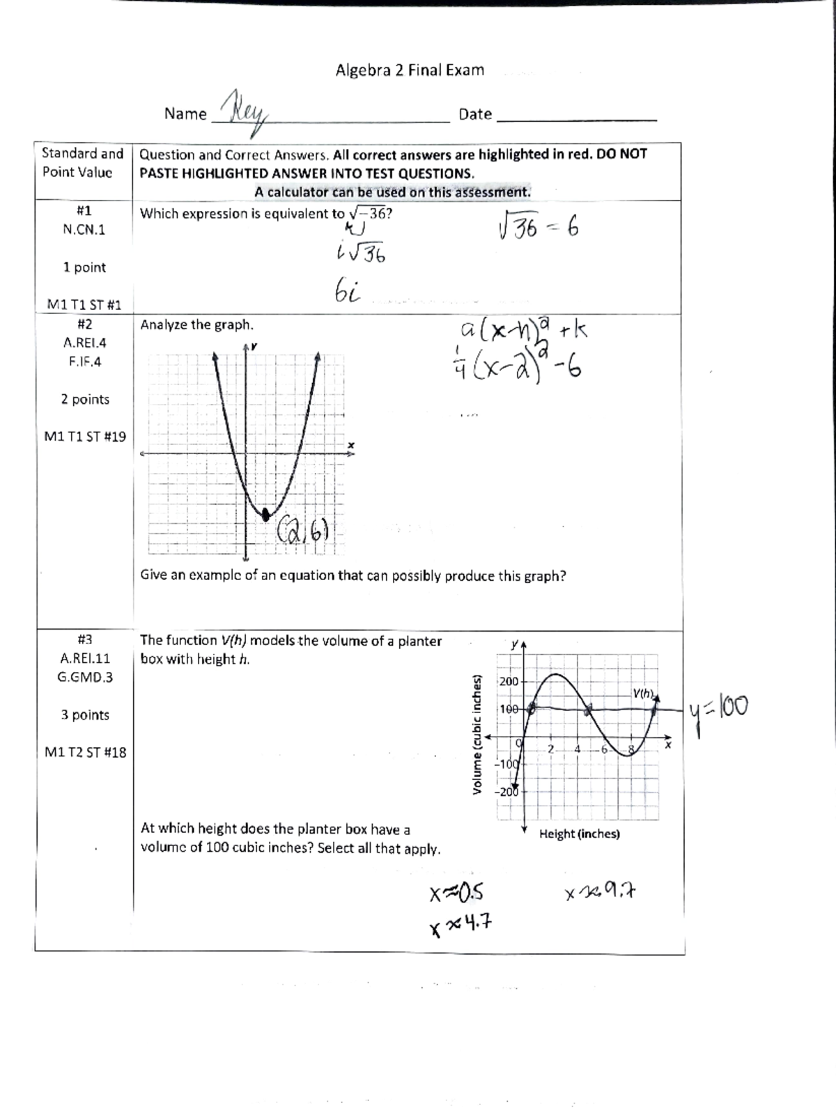 Algebra 2 Final Exam Review 2023-24 - Answer Key & Solutions - Studocu