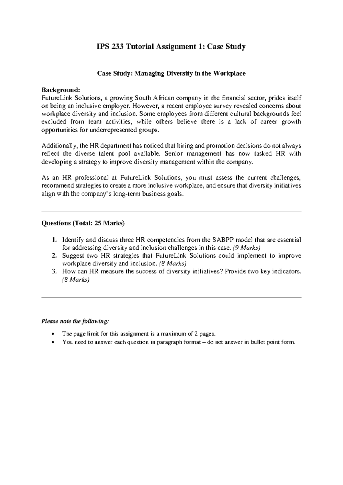 Tut 1 Assignment Case Study - IPS 233 Tutorial Assignment 1: Case Study ...