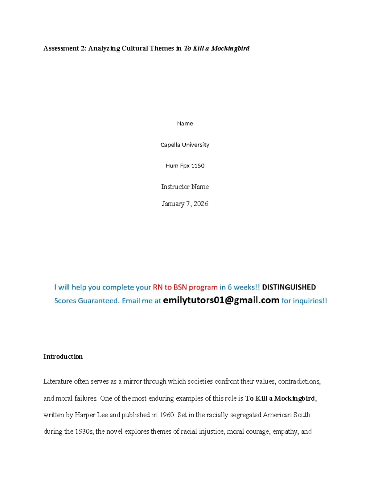 HUM-FPX1150 ASS 2: Analyzing Cultural Themes in To Kill a Mockingbird ...