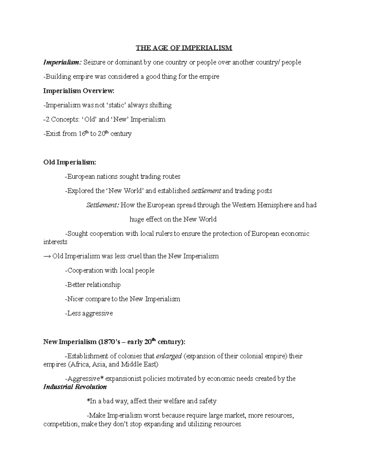 The Age of Imperialism: Key Concepts and Overview Notes - Studocu