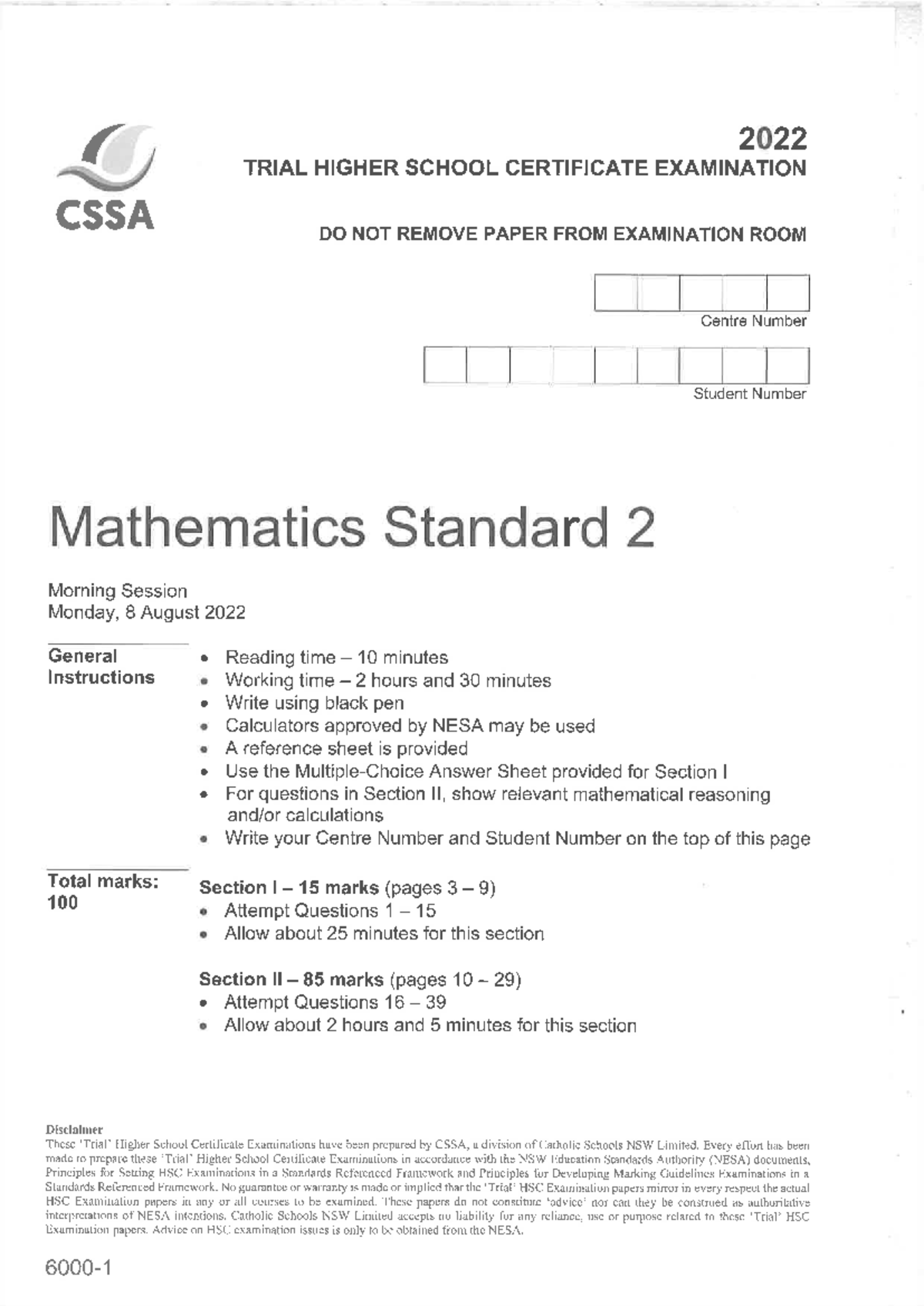 2022 Trial HSC Mathematics Standard 2 Exam Paper CSSA - Studocu