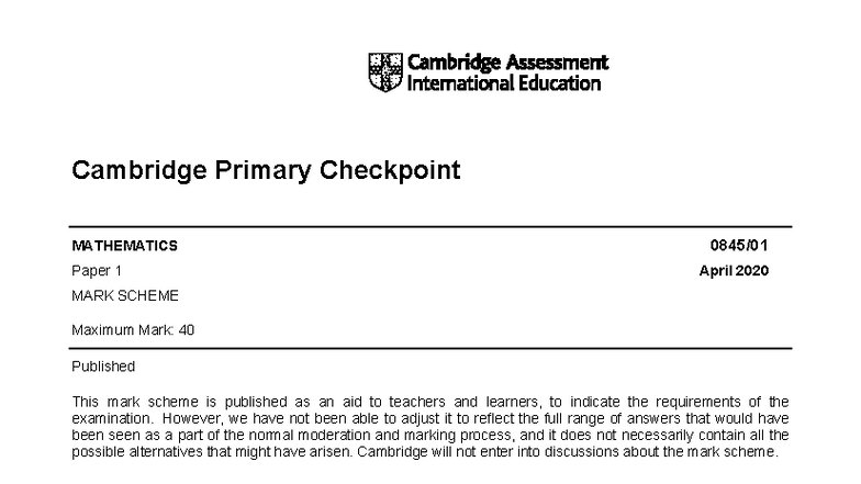 Cambridge Primary Checkpoint Mathematics 05_0845_01 April 2020 Mark ...