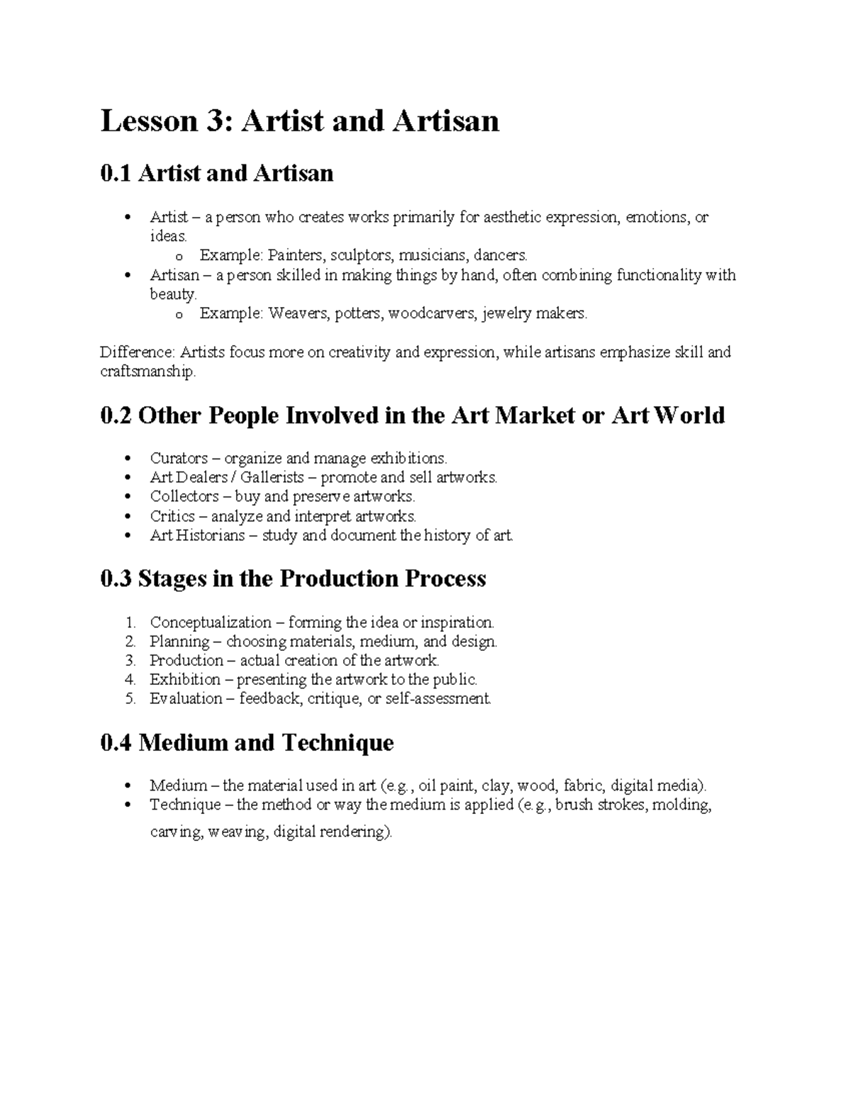 Lesson 3: Artist vs Artisan - Understanding Roles in Art - Studocu