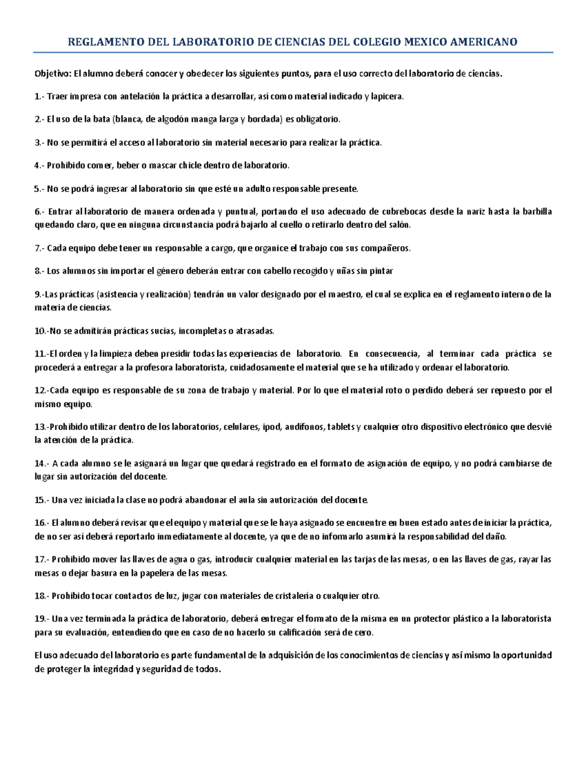 Reglamento del Laboratorio de Ciencias - 1ero Biología Híbrido-Virtual - Studocu