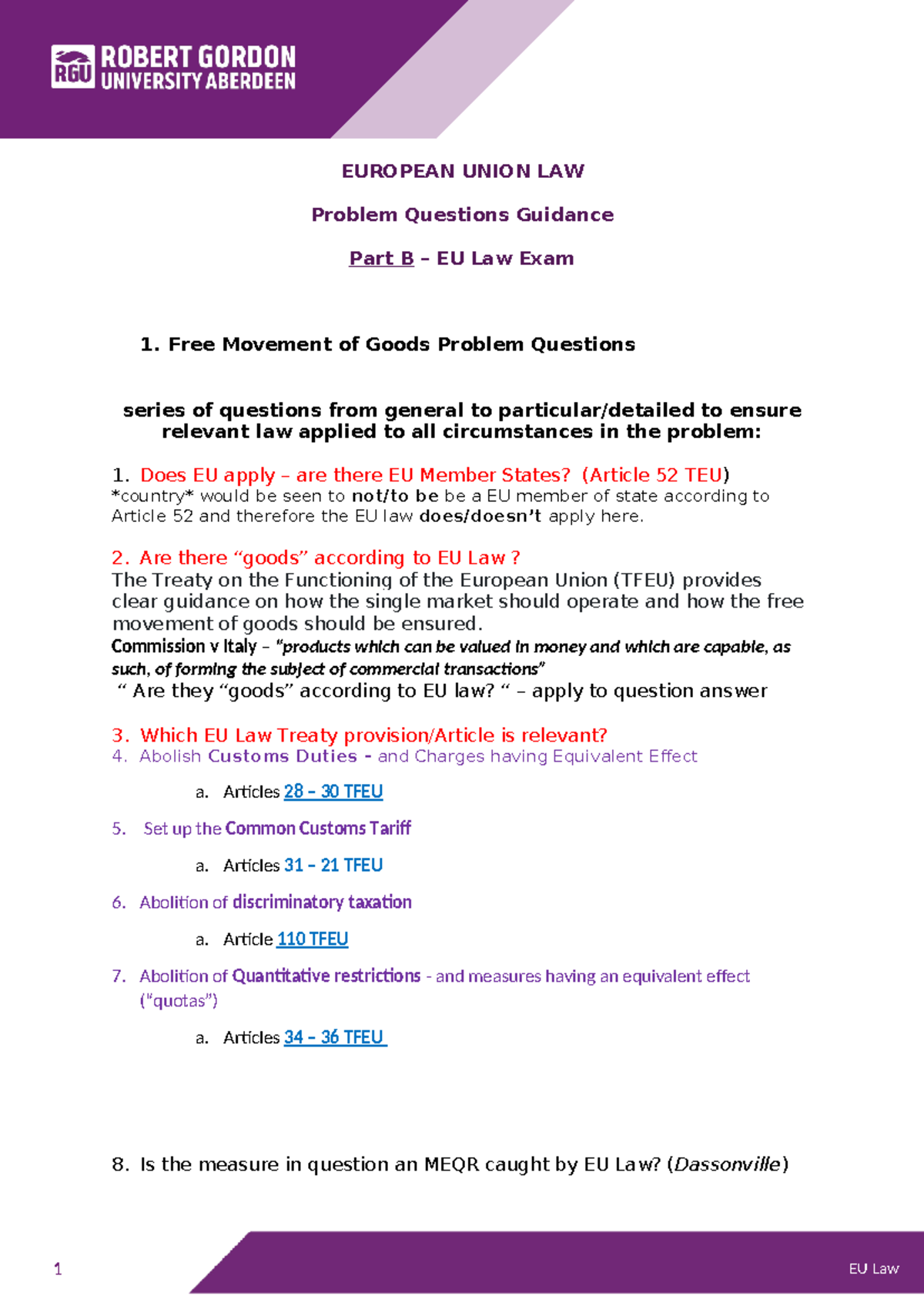 EU Law Exam Problem Questions Guidance: Free Movement of Goods - Studocu