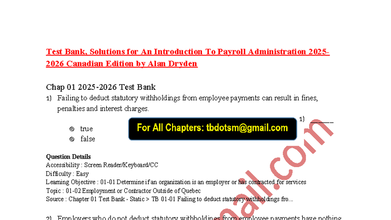 Test Bank for An Introduction to Payroll Administration 2025-2026 - Studocu