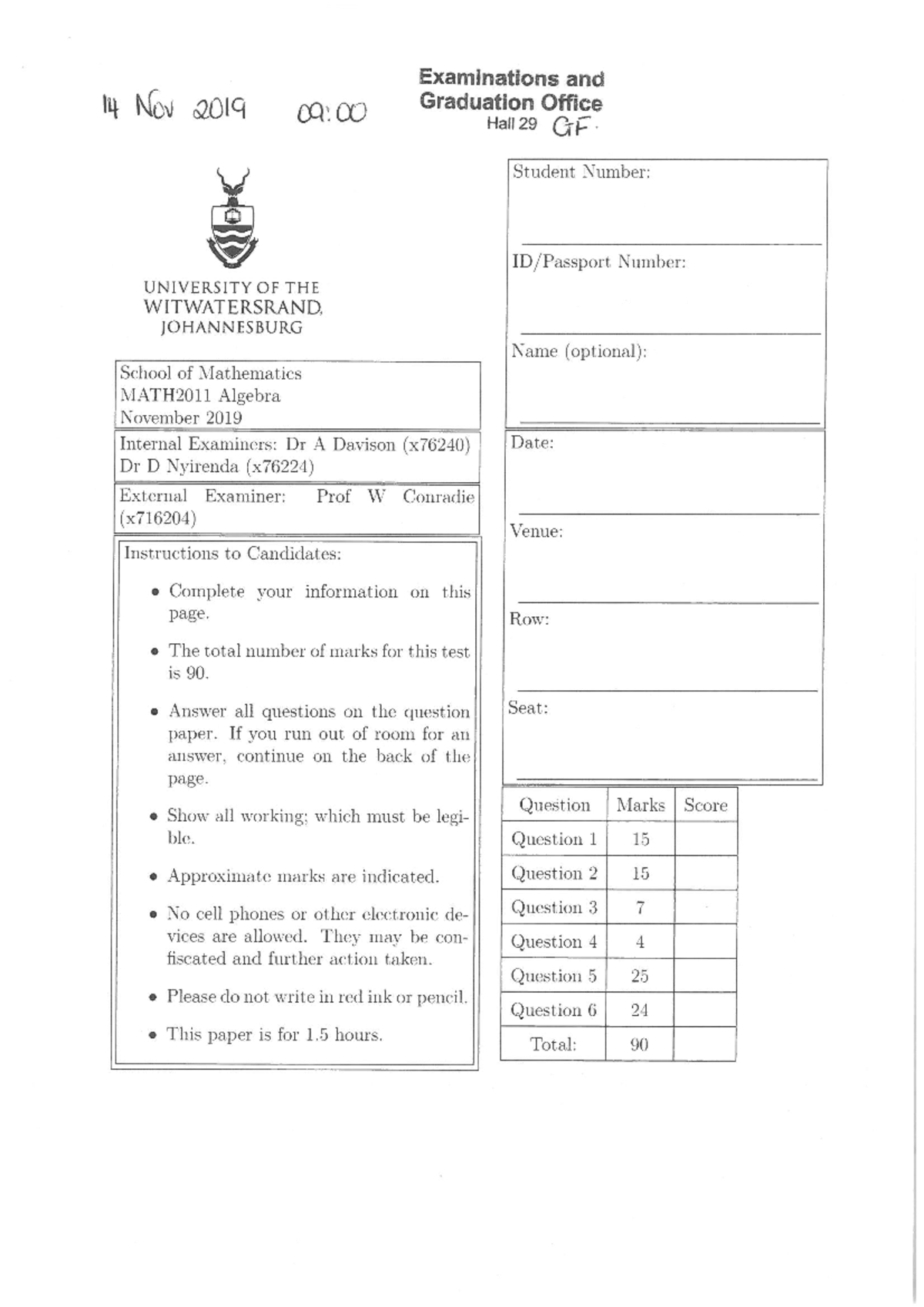 Math2011 Final Exam Algebra November 2019 Studocu