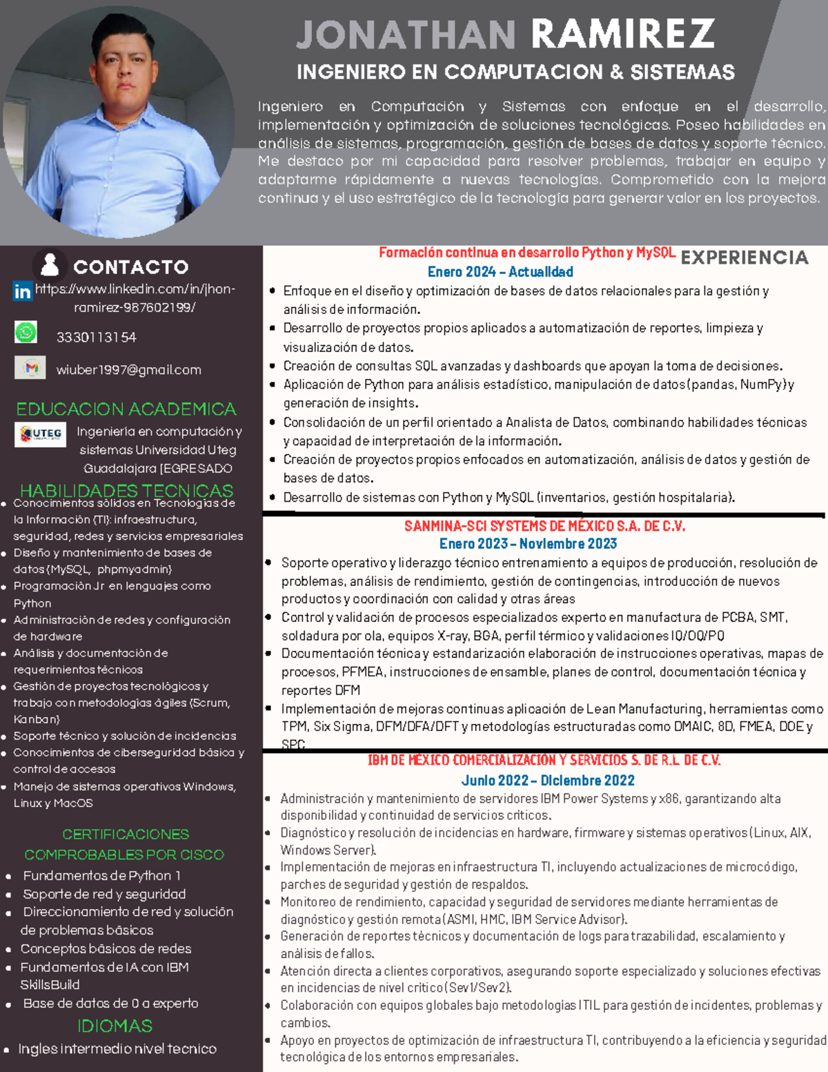 CV Actualizado de Ing. Jonathan Ramirez - Ingeniero en Computación y Sistemas - Studocu