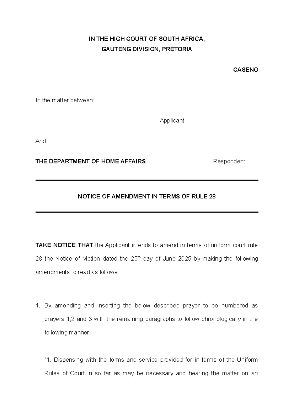 R28 Notice of Amendment to Motion in High Court Case - Studocu