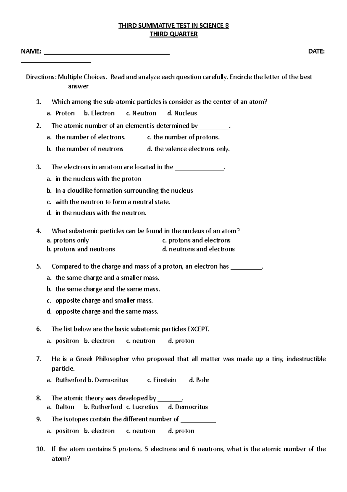 3rd Summative Exam - Science 8 Review Questions and Answers - Studocu