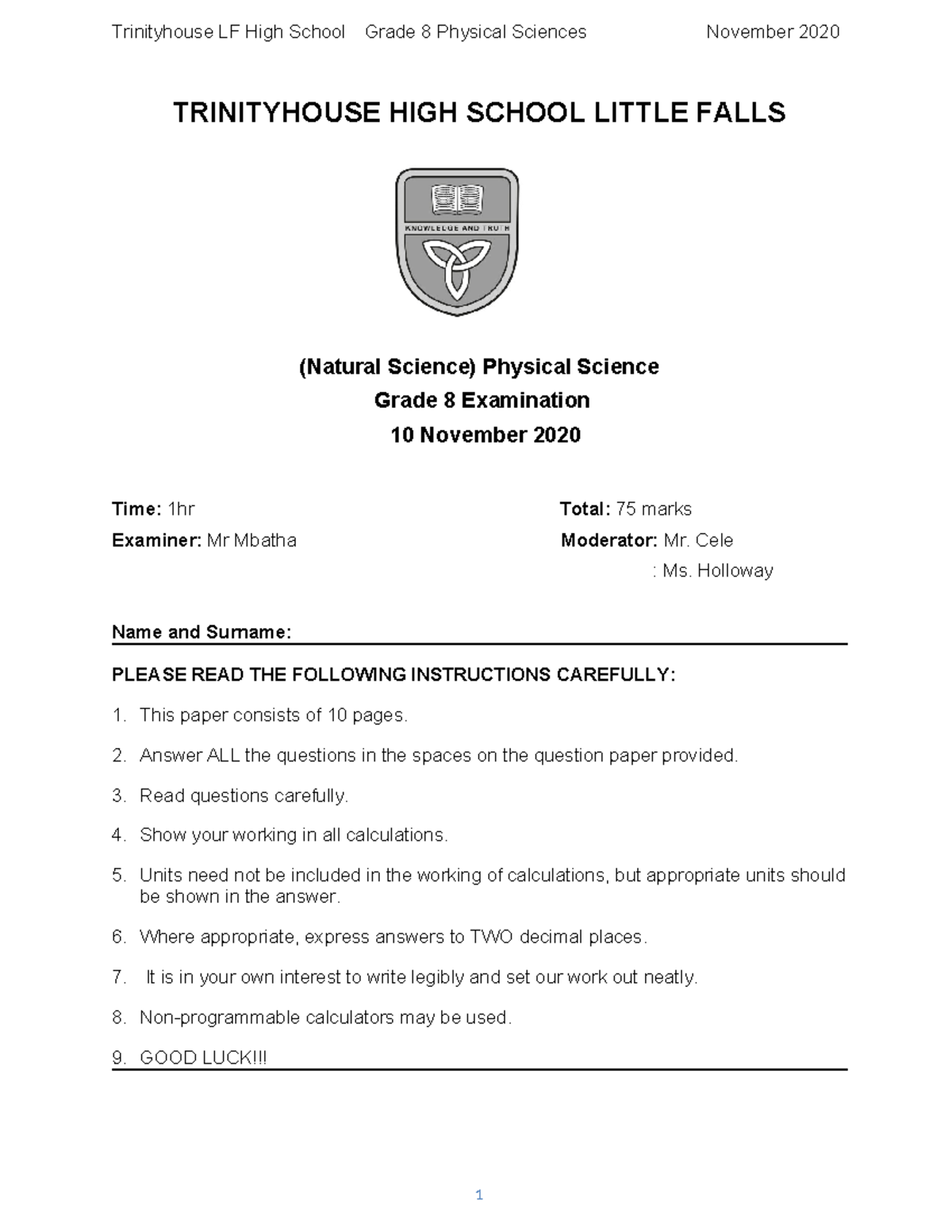 Grade 8 Physical Science Exam November 2020 - Trinityhouse LF High ...