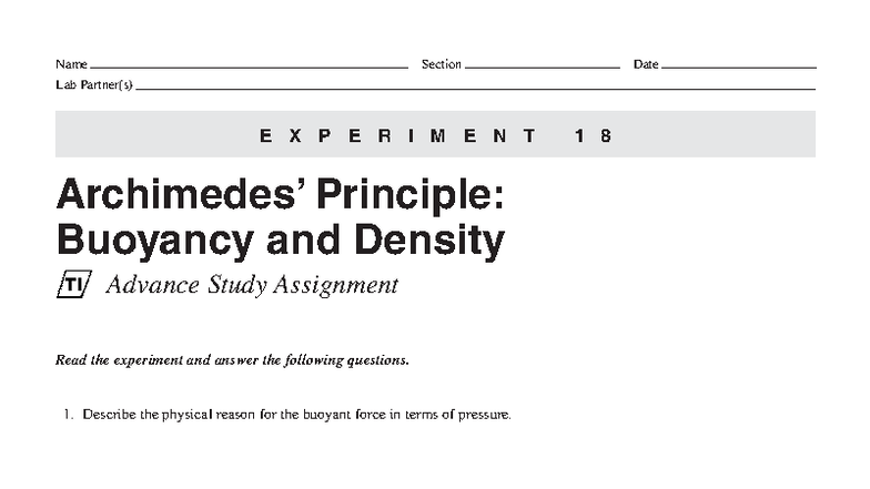 Experiment 18: Buoyancy and Density - Archimedes' Principle Lab Report ...