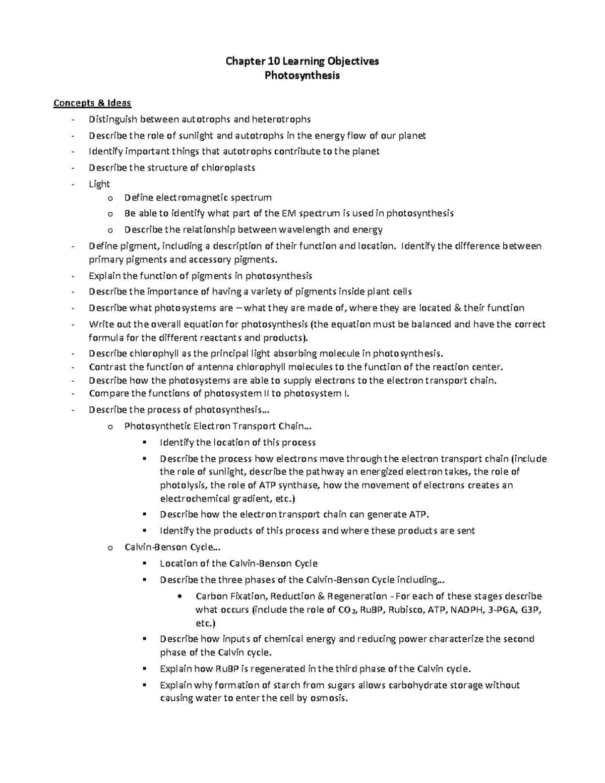 Chapter 10 Learning Guide: Photosynthesis and the Calvin Cycle ...