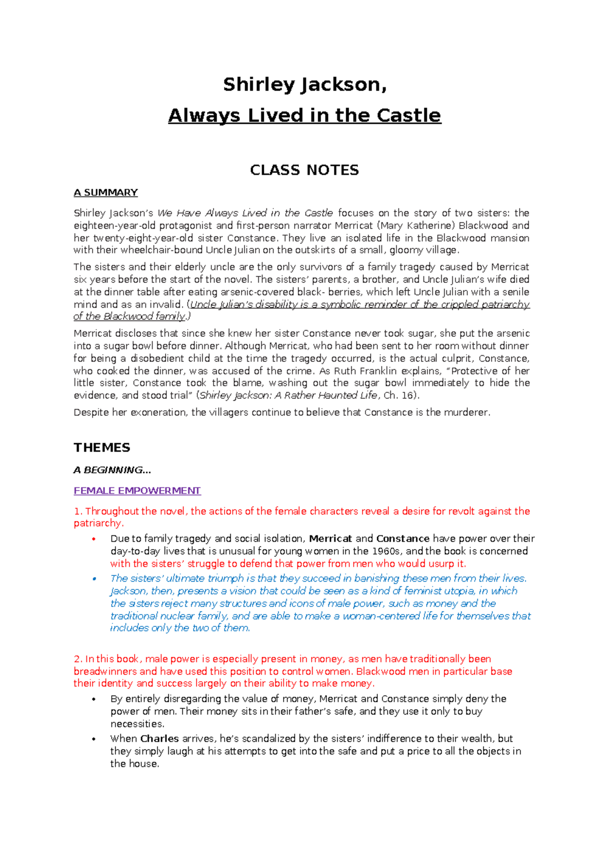 Shirley Jackson, We Have Always Lived in the Castle - Class Notes ...