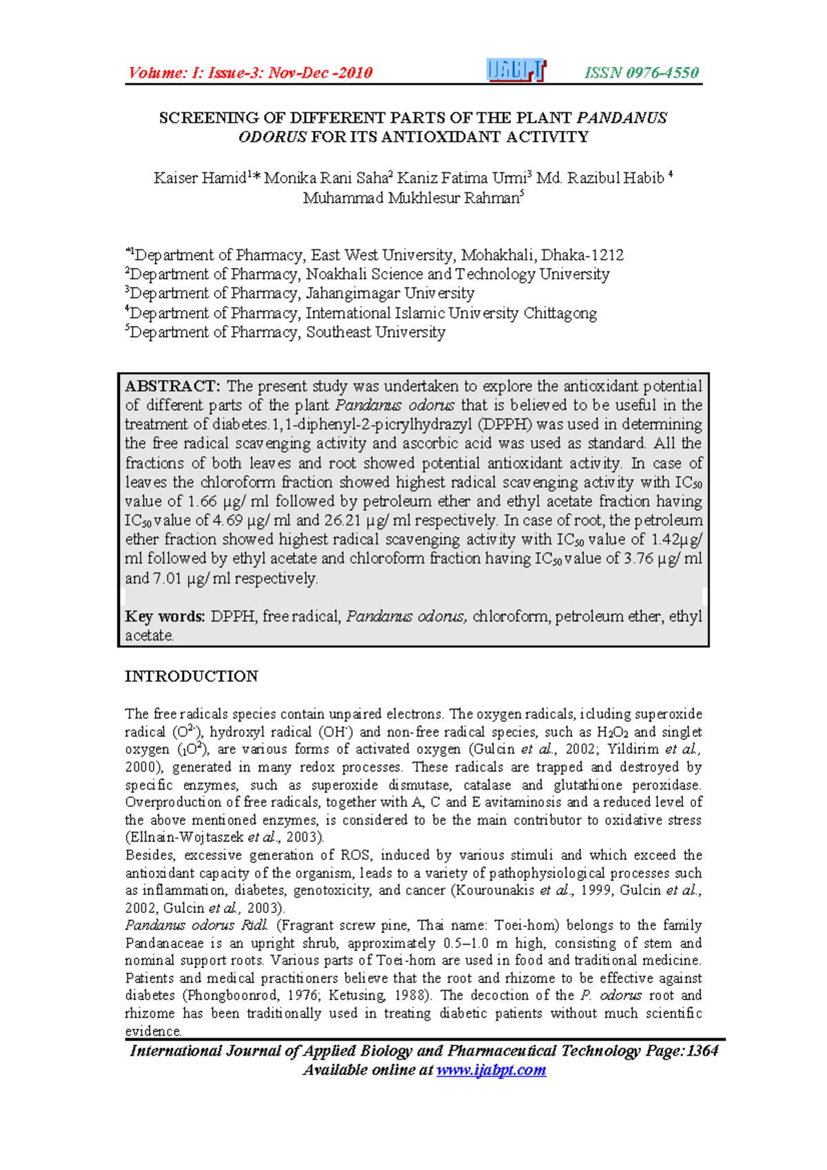 2010 Case Study on Antioxidant Activity of Pandanus odorus Parts - Studocu