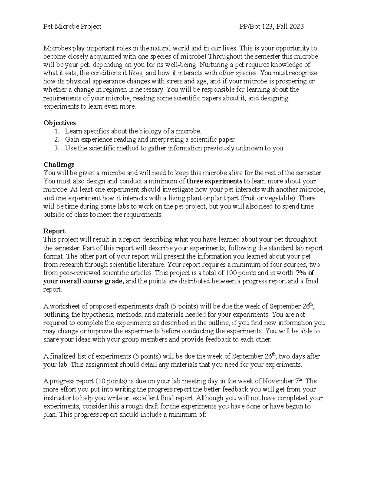 Pet Microbe Project Summary for PP/Bot 123 - Fall 2023 - Studocu