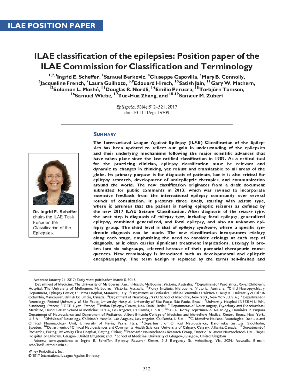 ILAE Classification of Epilepsies: Position Paper Overview (2017) - Studocu