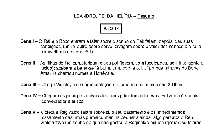 Leandro, Rei da Helíria - Resumo e Análise dos Atos e Cenas - Studocu