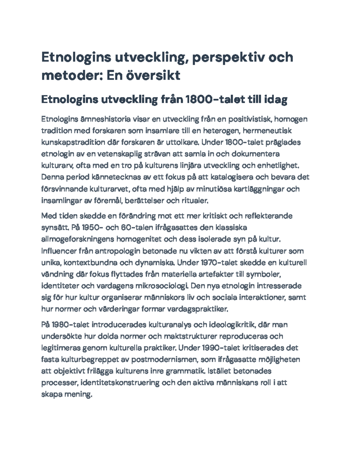 Etnologi och kultur: Utveckling, metoder och analyser (KURS KOD) - Studocu