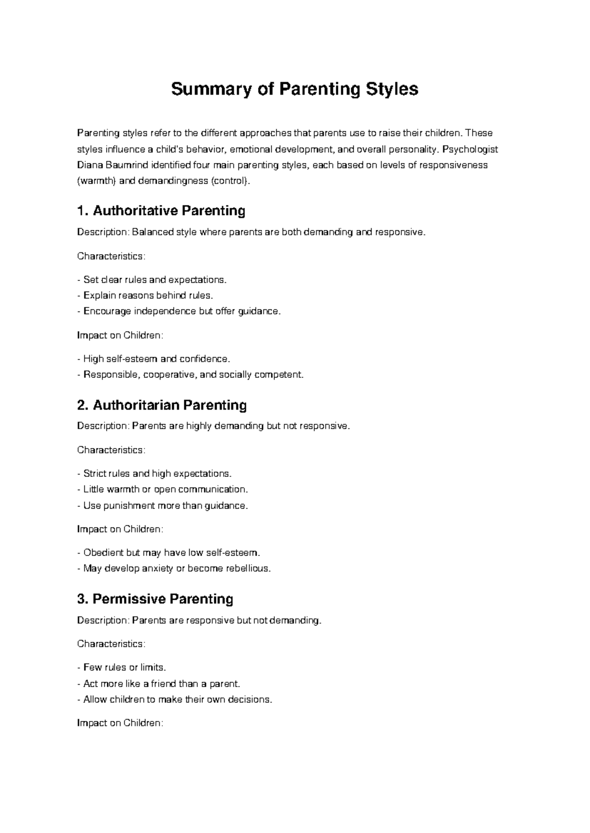 Summary of Parenting Styles: Impact on Child Development - Studocu