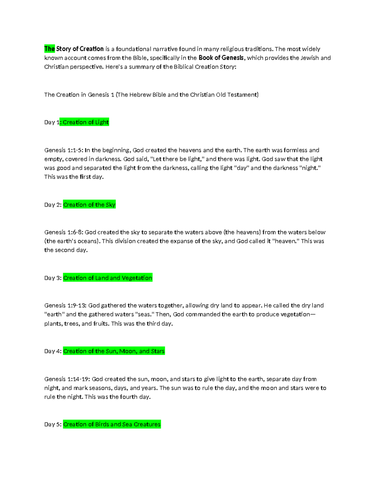 Biblical Creation Story Summary: Genesis 1-2 Overview - Studocu