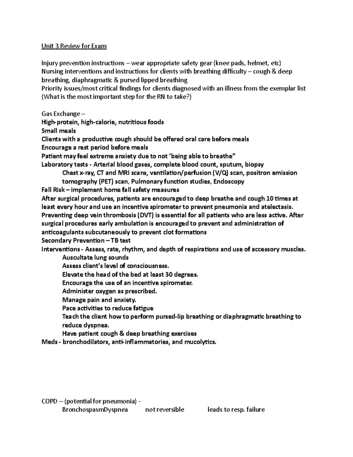 Unit 3 Exam Study Guide: Respiratory Conditions and Interventions - Studocu