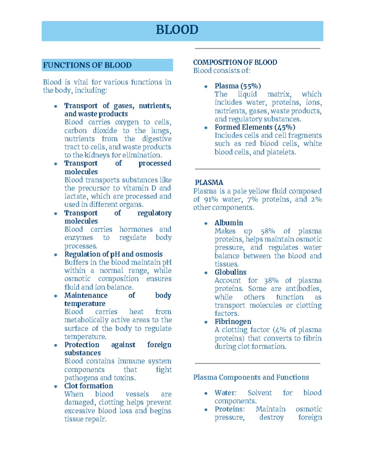 BLOOD FUNCTIONS AND COMPOSITION: A COMPREHENSIVE STUDY GUIDE - Studocu