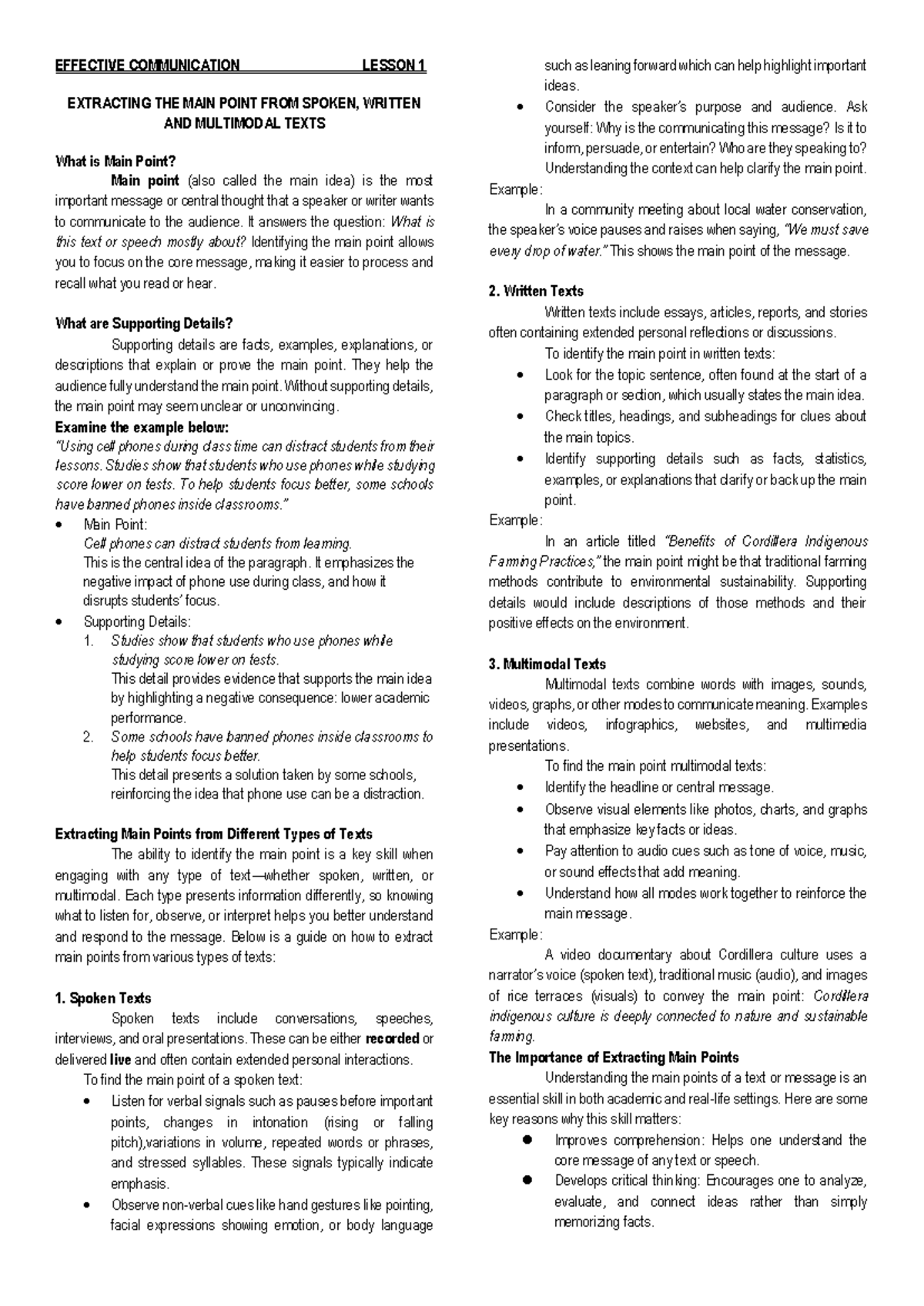 EFFECTIVE COMMUNICATION Q1 HANDOUT: MAIN POINTS & STRATEGIES - Studocu