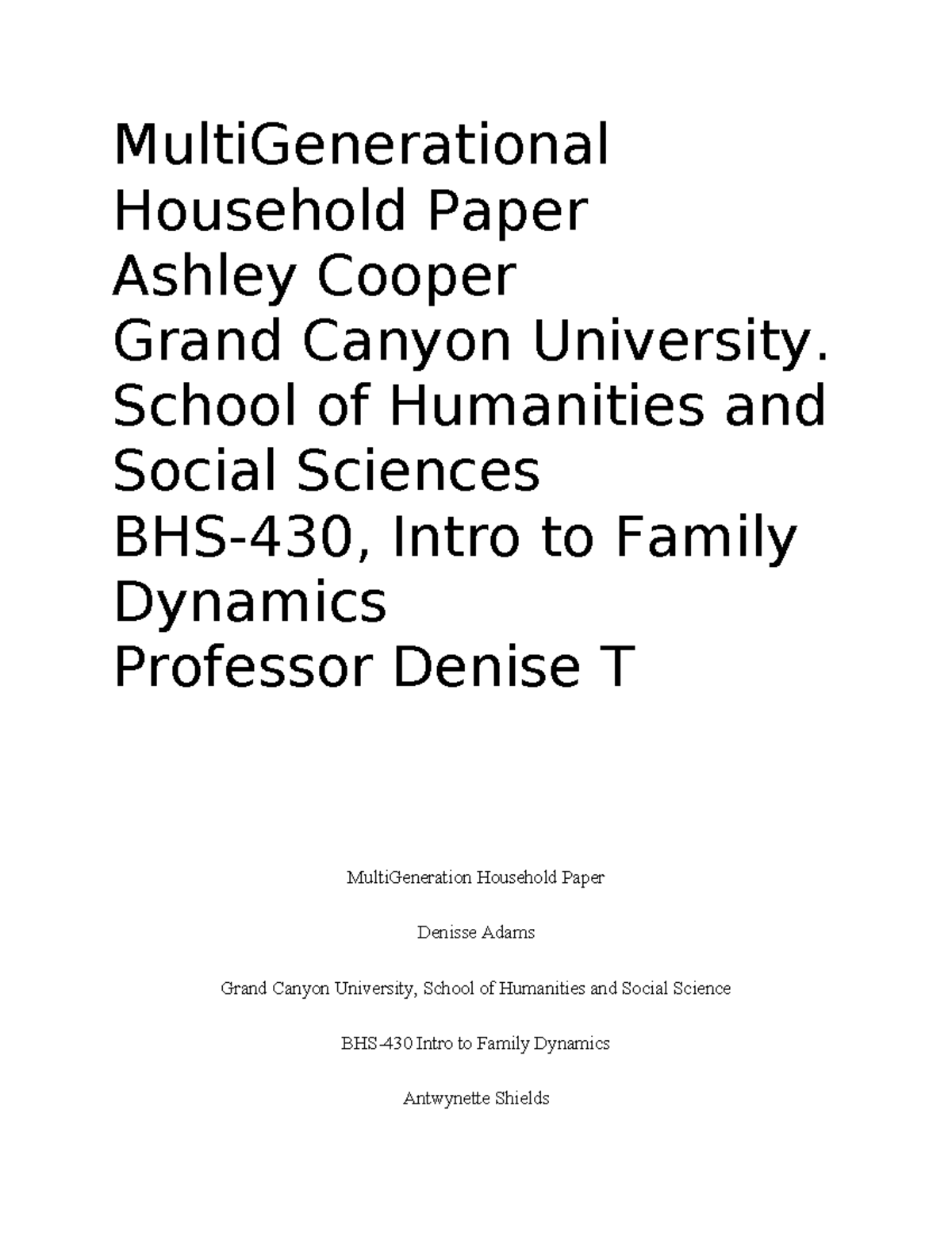 BHS-430 Multi-Generational Households Research Paper Analysis - Studocu