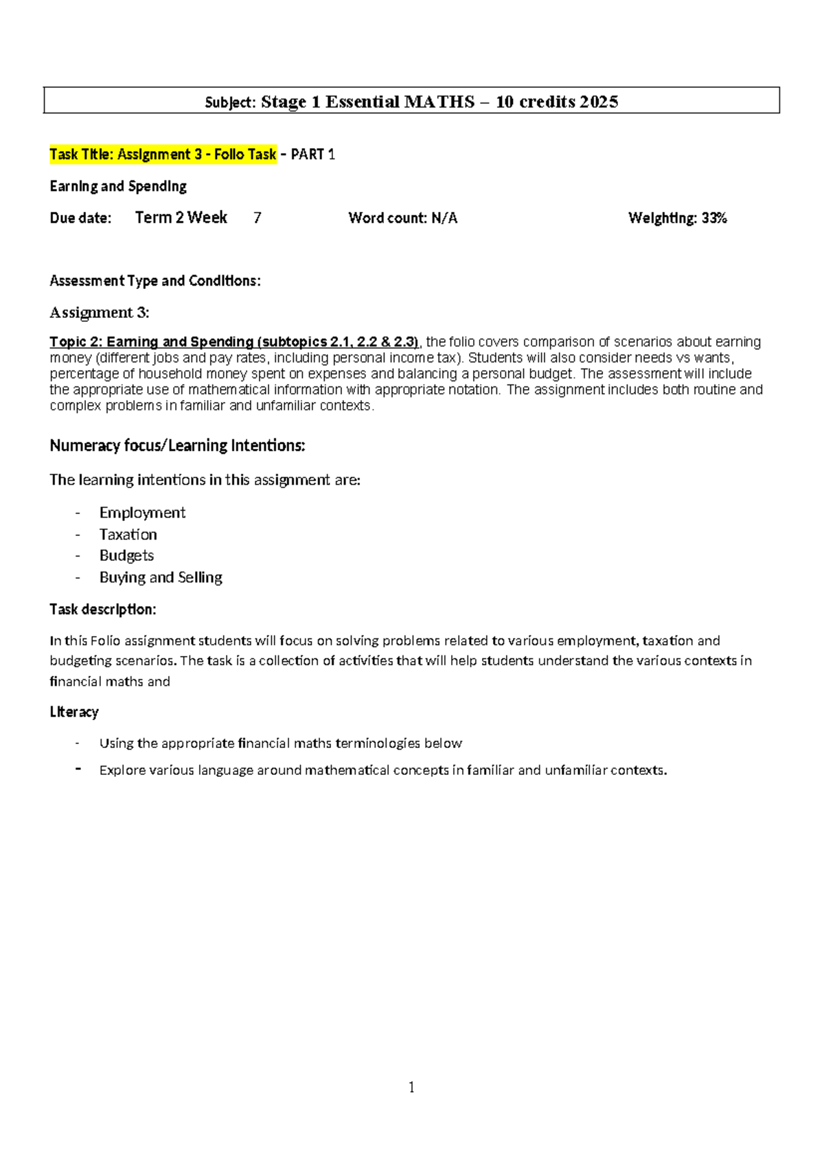 Stage 1 Essential MATHS 10 Credits 2025: Earning & Spending Folio Task ...