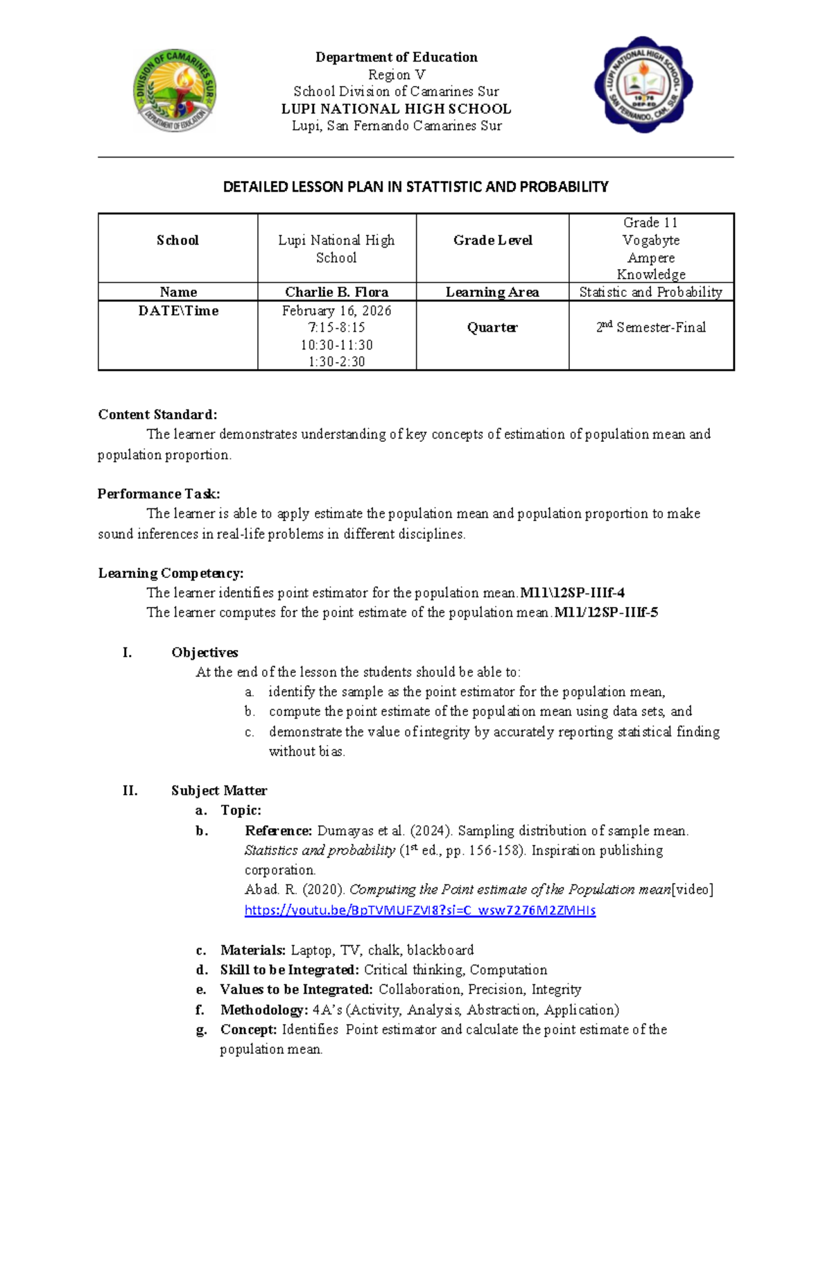 Detailed Lesson Plan in Statistics and Probability (Grade 11) - Studocu