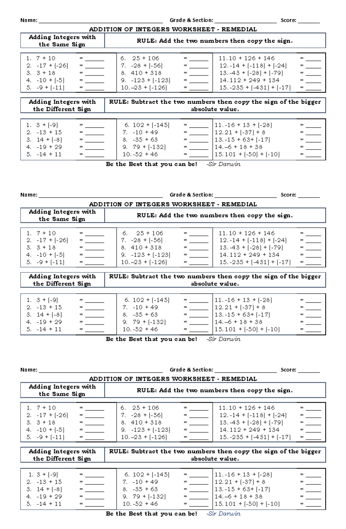 Adding integers worksheet - Name ...