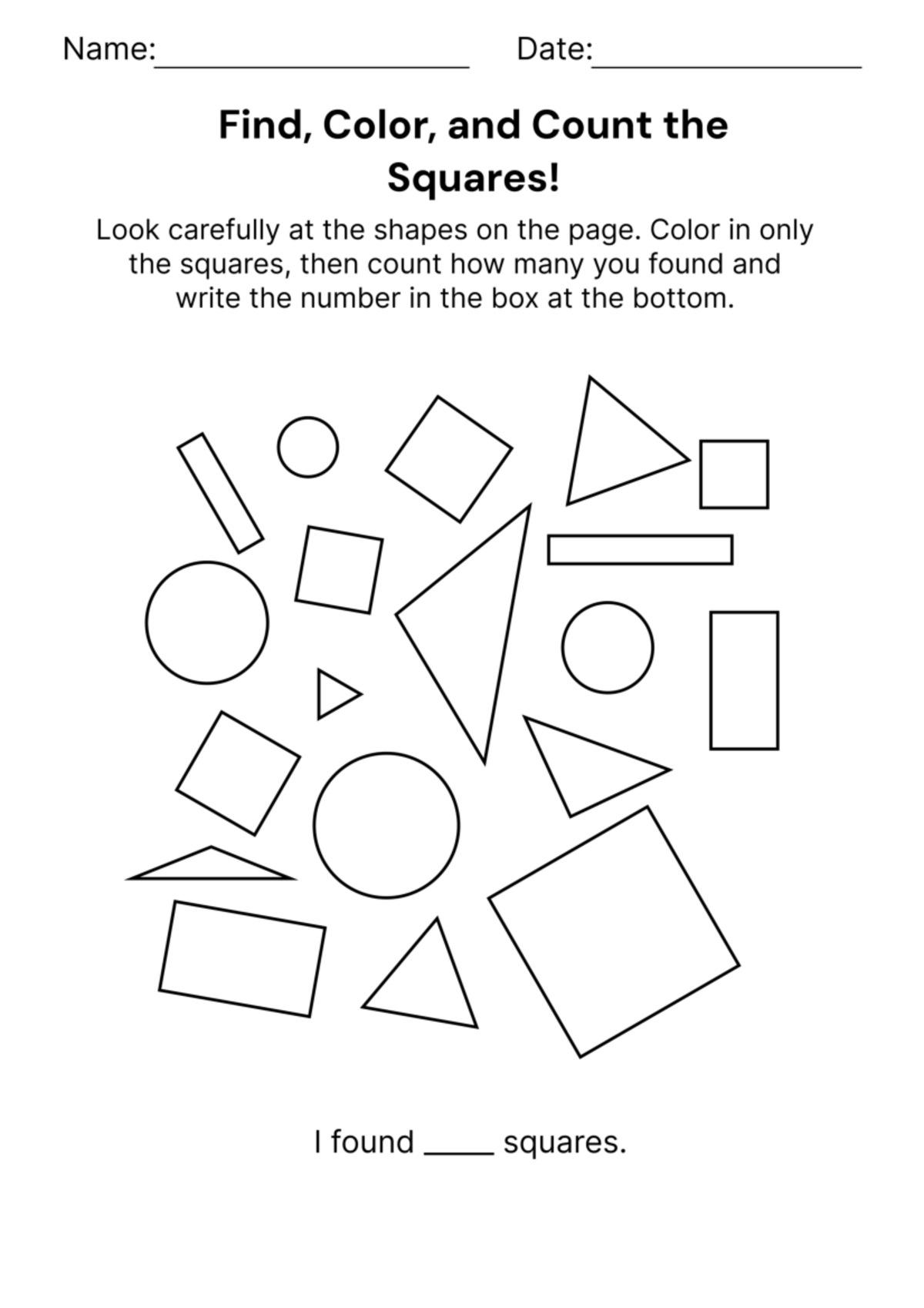 Find, Color, and Count the Squares Worksheet - Name: Date: Find, Color ...