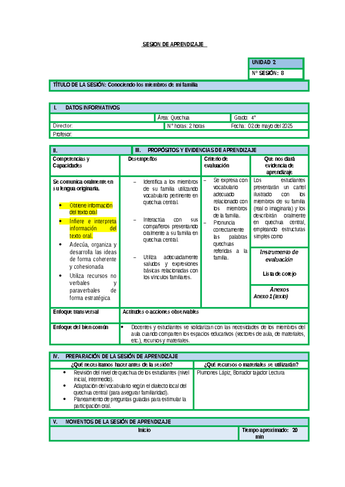 SESION DE APRENDIZAJE UNIDAD 2: Conociendo a Mi Familia en Quechua ...