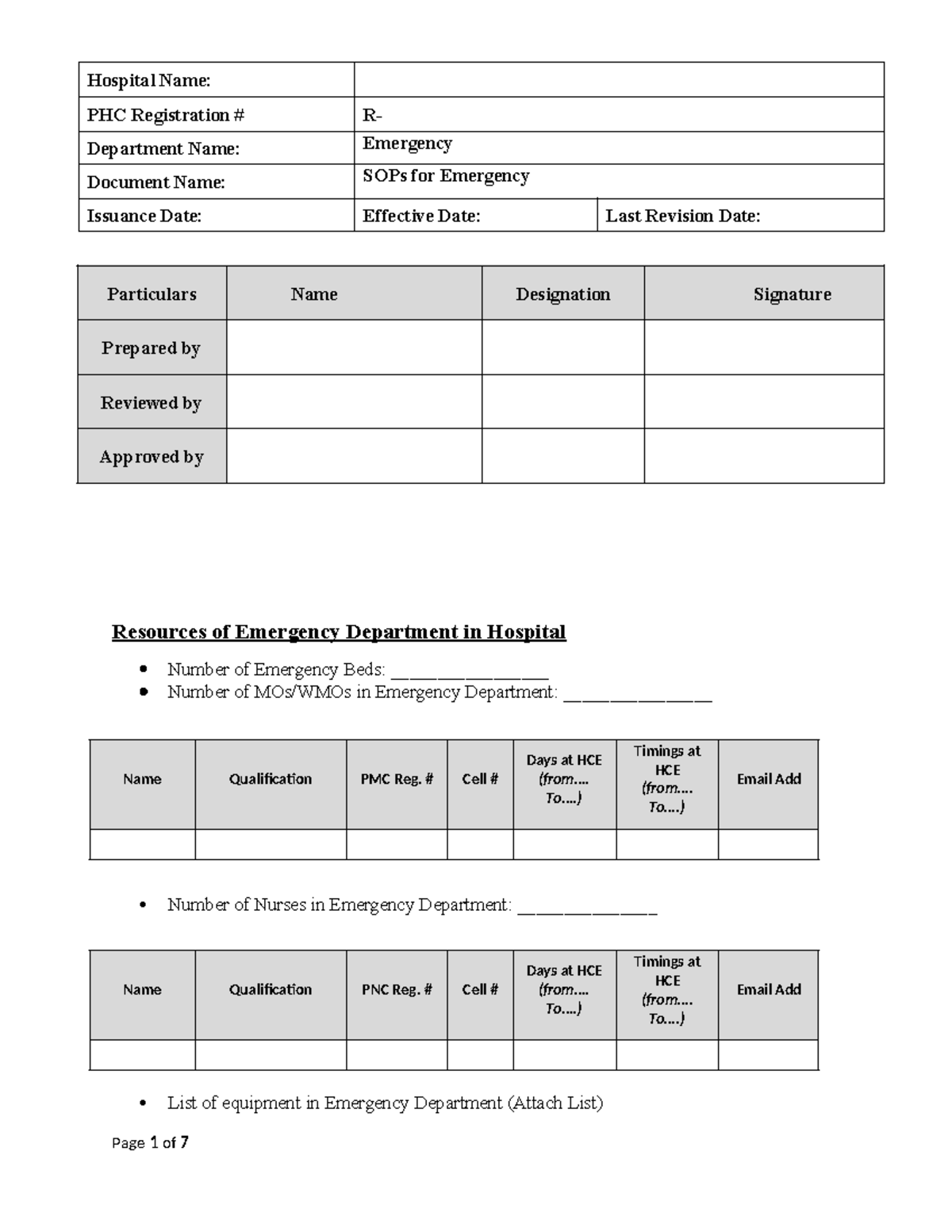 Emergency SOPs for PHC Registration Department - Studocu