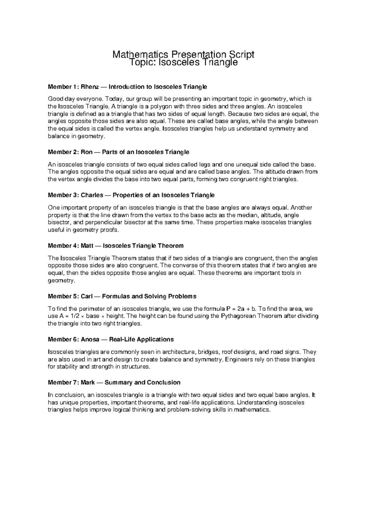 MATH 101: Isosceles Triangle Presentation Script Overview - Studocu