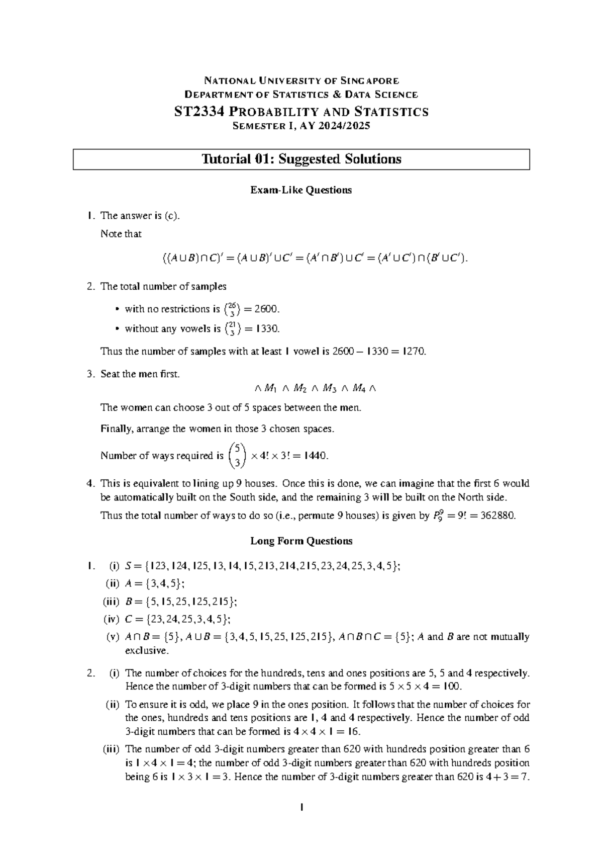 Tut01-sol - tut ans - NATIONAL UNIVERSITY OF SINGAPORE DEPARTMENT OF ...