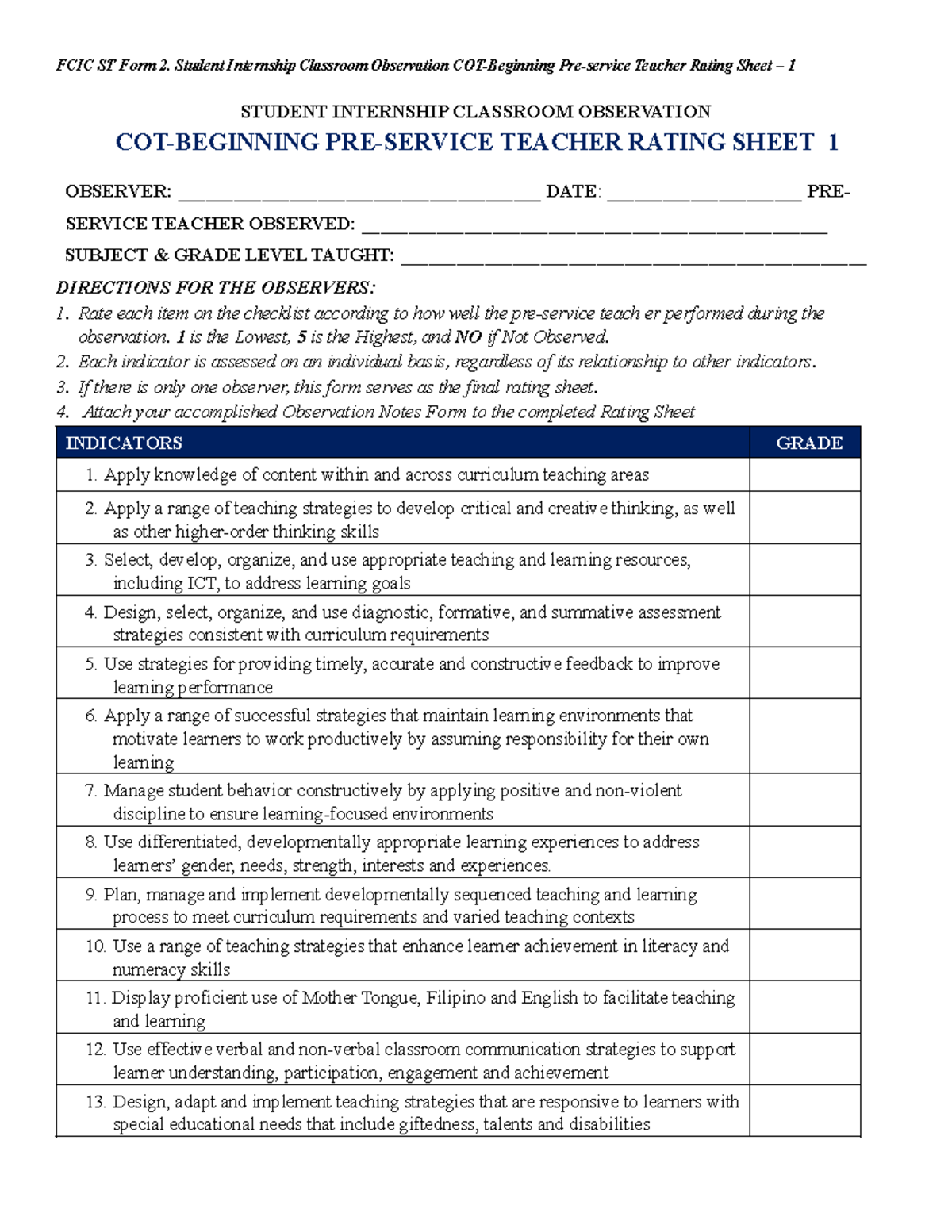 FCIC ST Form 2: Student Internship Classroom Observation Rating Sheet ...
