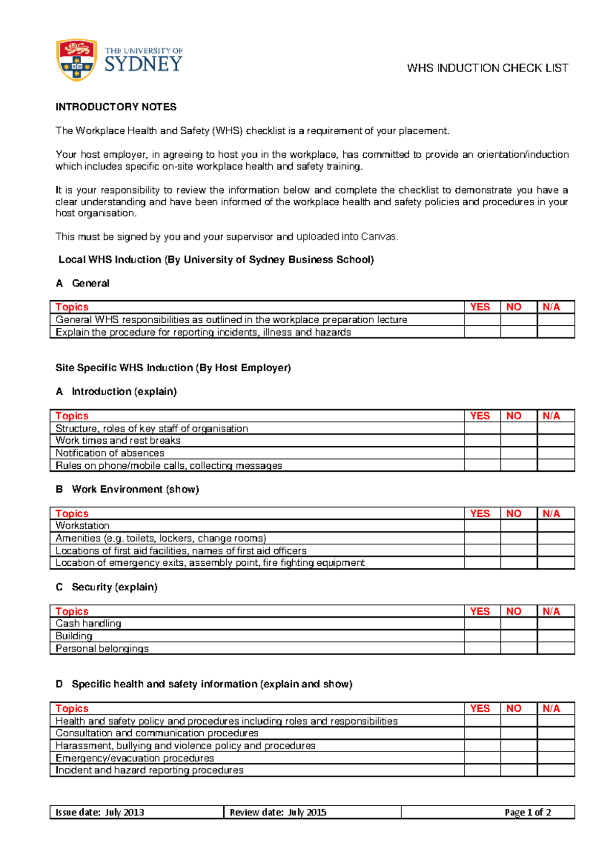 WHS Induction Checklist: Introductory Notes for Placement - Studocu