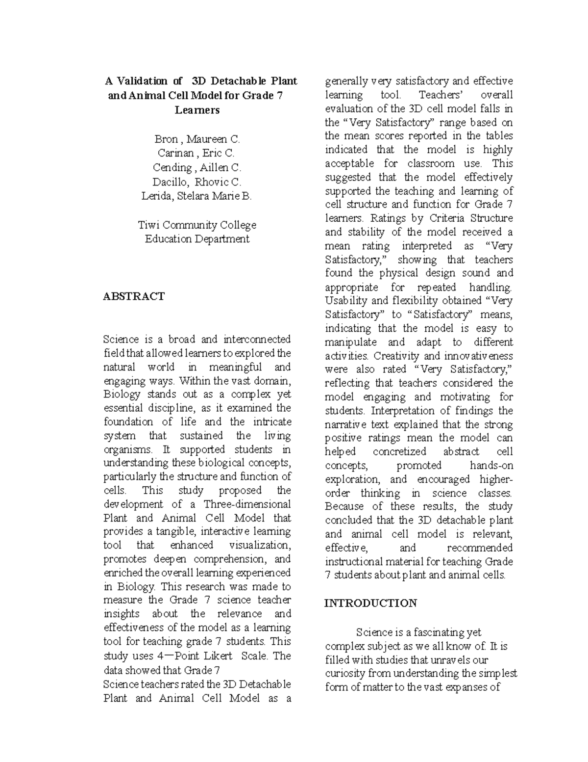 G1: Validation of 3D Detachable Plant & Animal Cell Model for Grade 7 ...